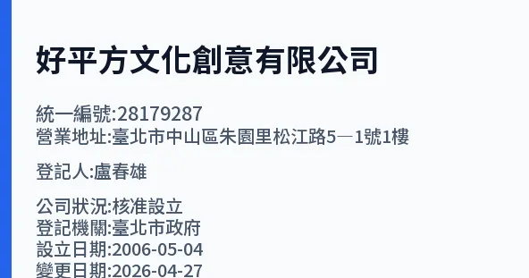 好平方文化創意有限公司的照片-統編 28179287(臺北市) 公司登記資料與營業項目詳細圖表