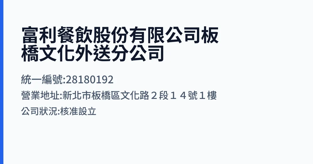 富利餐飲股份有限公司板橋文化外送分公司 - 統編 28180192(新北市) 公司登記資料與營業項目詳細圖表