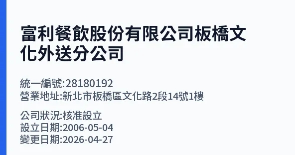 富利餐飲股份有限公司板橋文化外送分公司的照片-統編 28180192(新北市) 公司登記資料與營業項目詳細圖表