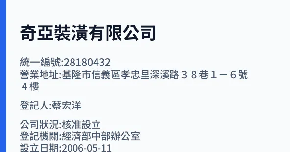 奇亞裝潢有限公司的照片-統編 28180432(基隆市) 公司登記資料與營業項目詳細圖表