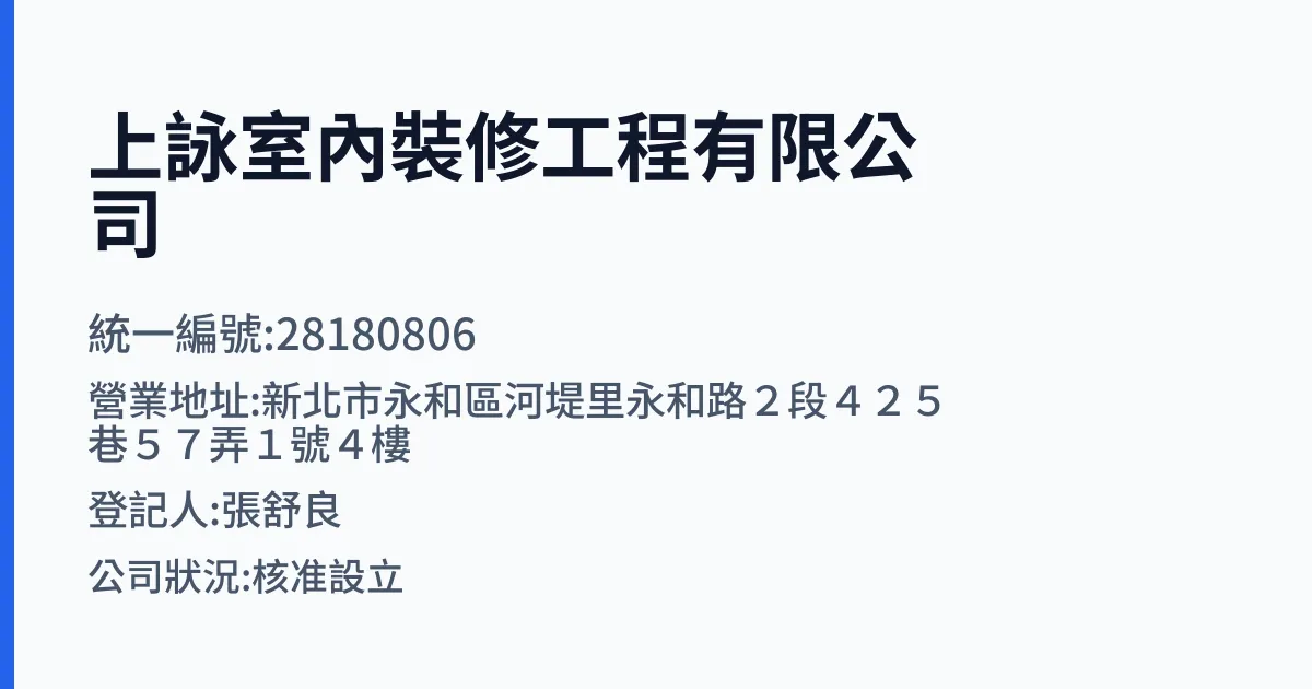 上詠室內裝修工程有限公司 - 統編 28180806(新北市) 公司登記資料與營業項目詳細圖表