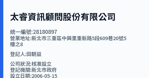 太睿資訊顧問股份有限公司的照片-統編 28180897(新北市) 公司登記資料與營業項目詳細圖表