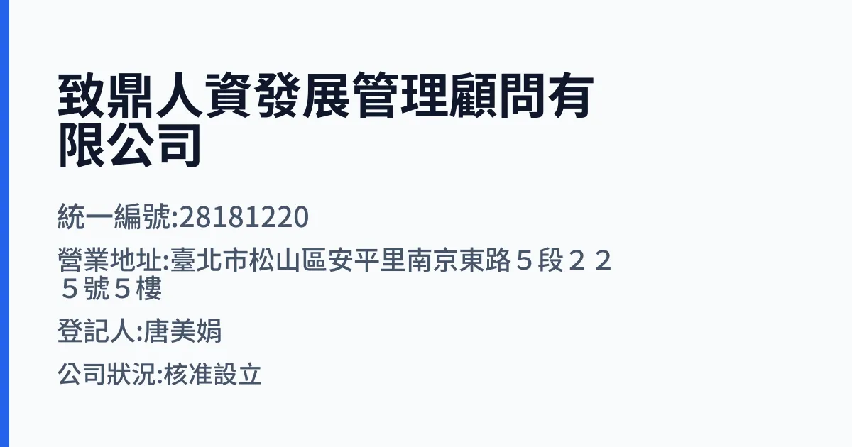 致鼎人資發展管理顧問有限公司 - 統編 28181220(臺北市) 公司登記資料與營業項目詳細圖表