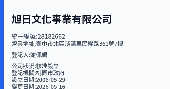 旭日文化事業有限公司的照片-統編 28182662(臺中市) 公司登記資料與營業項目詳細圖表