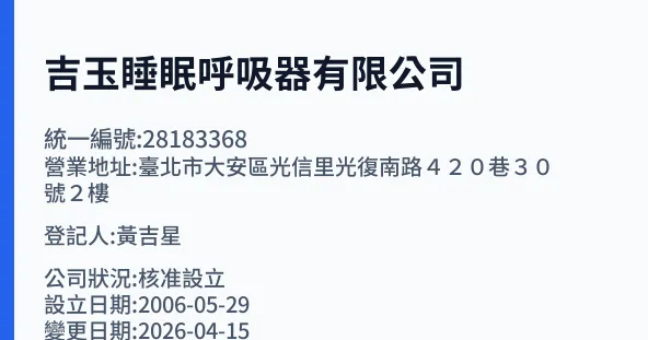 吉玉睡眠呼吸器有限公司的照片-統編 28183368(臺北市) 公司登記資料與營業項目詳細圖表