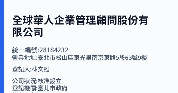 全球華人企業管理顧問股份有限公司的照片-統編 28184232(臺北市) 公司登記資料與營業項目詳細圖表