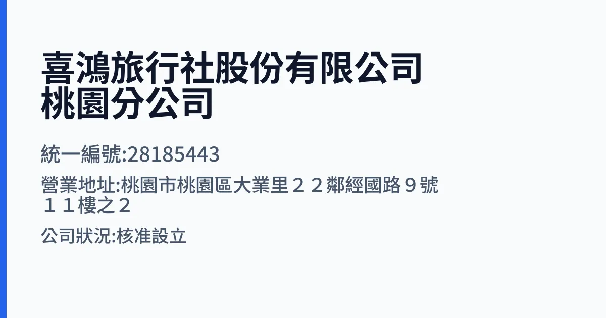 喜鴻旅行社股份有限公司桃園分公司 - 統編 28185443(桃園市) 公司登記資料與營業項目詳細圖表