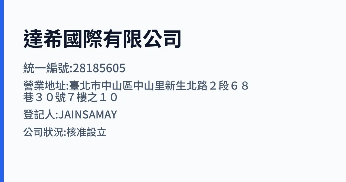 達希國際有限公司 - 統編 28185605(臺北市) 公司登記資料與營業項目詳細圖表