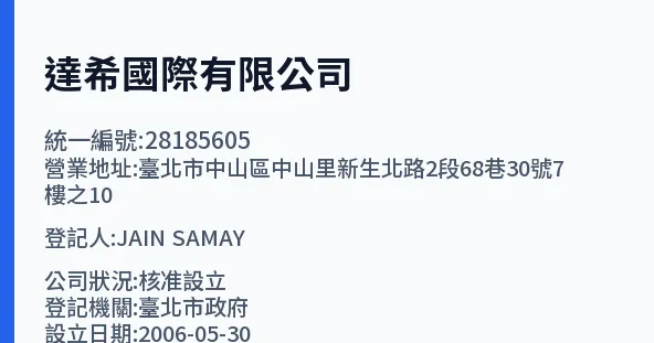 達希國際有限公司的照片-統編 28185605(臺北市) 公司登記資料與營業項目詳細圖表