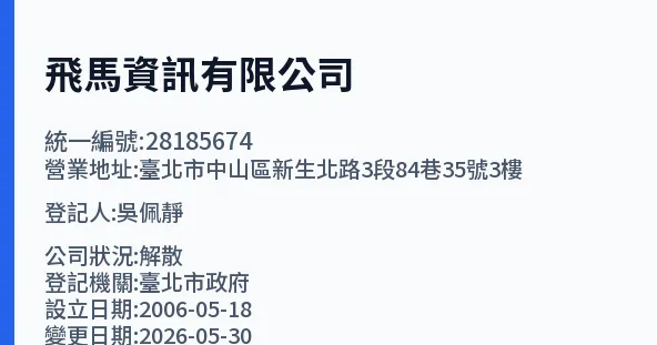 飛馬資訊有限公司的照片-統編 28185674(臺北市) 公司登記資料與營業項目詳細圖表