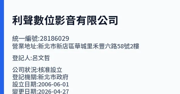 利聲數位影音有限公司的照片-統編 28186029(新北市) 公司登記資料與營業項目詳細圖表