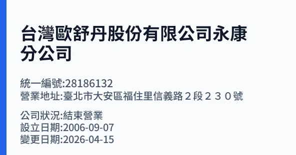 台灣歐舒丹股份有限公司永康分公司的照片-統編 28186132(臺北市) 公司登記資料與營業項目詳細圖表