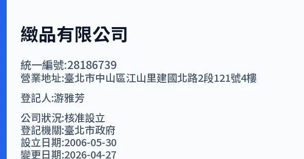 緻品有限公司的照片-統編 28186739(臺北市) 公司登記資料與營業項目詳細圖表
