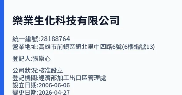 樂業生化科技有限公司的照片-統編 28188764(高雄市) 公司登記資料與營業項目詳細圖表