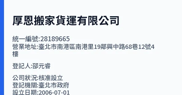 厚恩搬家貨運有限公司的照片-統編 28189665(臺北市) 公司登記資料與營業項目詳細圖表
