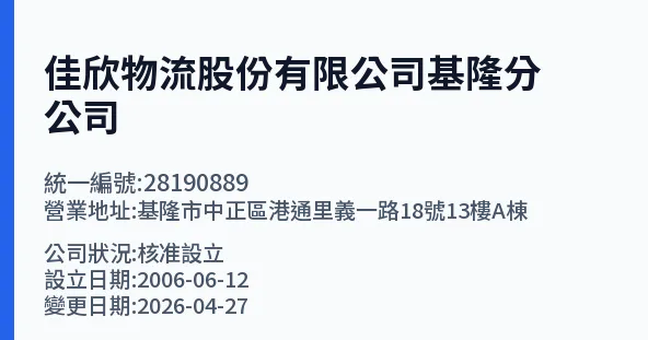 佳欣物流股份有限公司基隆分公司的照片-統編 28190889(基隆市) 公司登記資料與營業項目詳細圖表