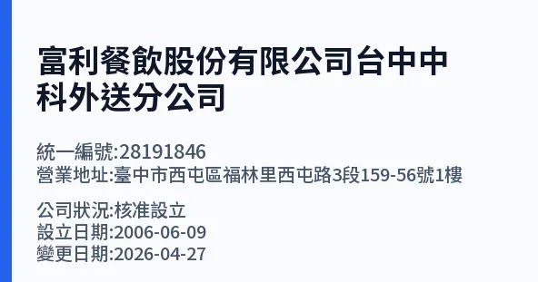 富利餐飲股份有限公司台中中科外送分公司的照片-統編 28191846(臺中市) 公司登記資料與營業項目詳細圖表