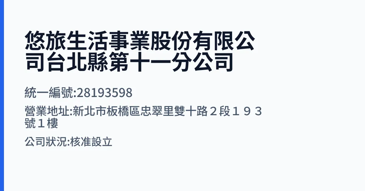悠旅生活事業股份有限公司台北縣第十一分公司 - 統編 28193598(新北市) 公司登記資料與營業項目詳細圖表