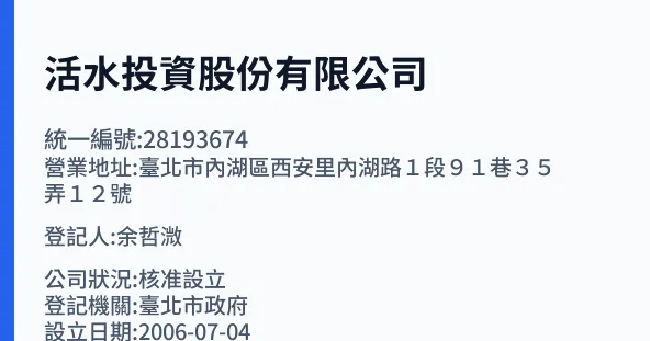 活水投資股份有限公司的照片-統編 28193674(臺北市) 公司登記資料與營業項目詳細圖表