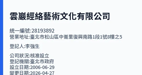 雲巖經絡藝術文化有限公司的照片-統編 28193892(臺北市) 公司登記資料與營業項目詳細圖表