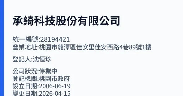 承綺科技股份有限公司的照片-統編 28194421(桃園市) 公司登記資料與營業項目詳細圖表