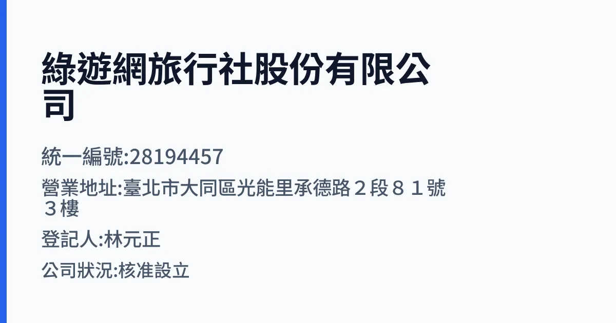綠遊網旅行社股份有限公司 - 統編 28194457(臺北市) 公司登記資料與營業項目詳細圖表