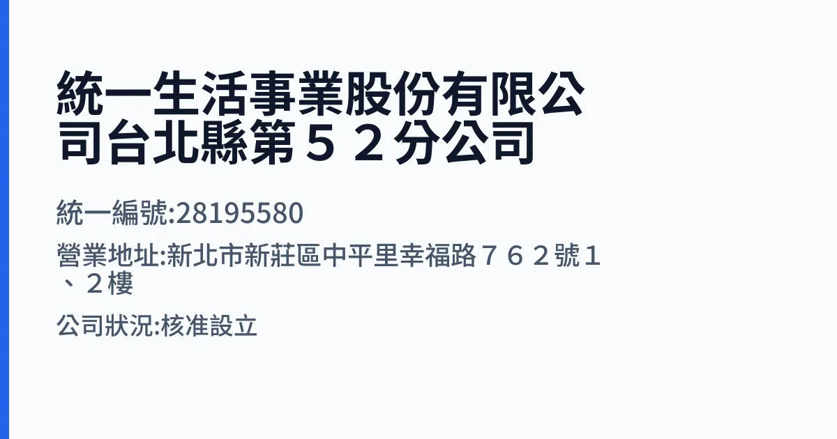 統一生活事業股份有限公司台北縣第５２分公司 - 統編 28195580(新北市) 公司登記資料與營業項目詳細圖表