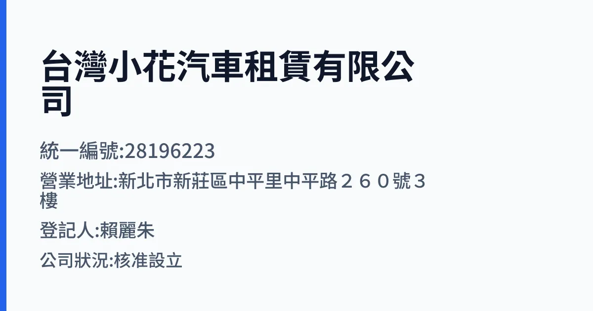 台灣小花汽車租賃有限公司 - 統編 28196223(新北市) 公司登記資料與營業項目詳細圖表