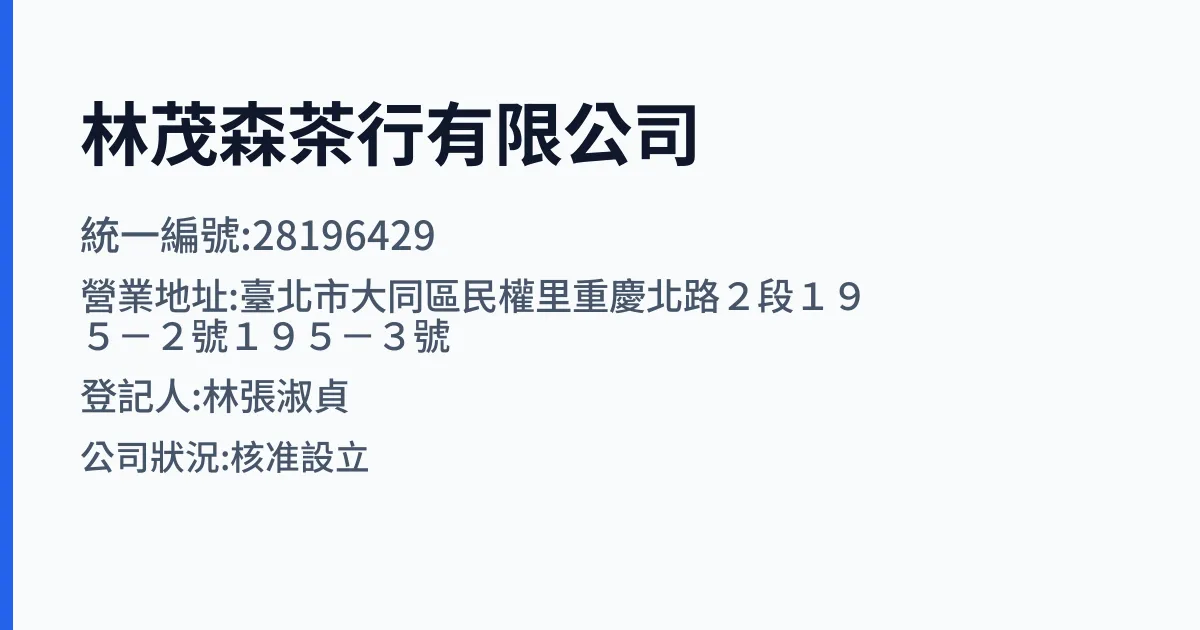 林茂森茶行有限公司 - 統編 28196429（臺北市） 公司登記資料與營業項目詳細圖表