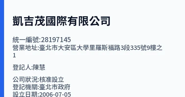 凱吉茂國際有限公司的照片-統編 28197145(臺北市) 公司登記資料與營業項目詳細圖表