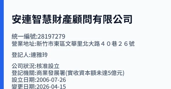 安連智慧財產顧問有限公司的照片-統編 28197279(臺北市) 公司登記資料與營業項目詳細圖表