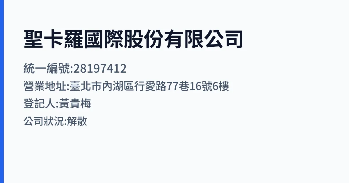 聖卡羅國際股份有限公司 - 統編 28197412(臺北市) 公司登記資料與營業項目詳細圖表