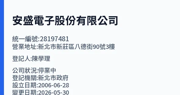 安盛電子股份有限公司的照片-統編 28197481(新北市) 公司登記資料與營業項目詳細圖表