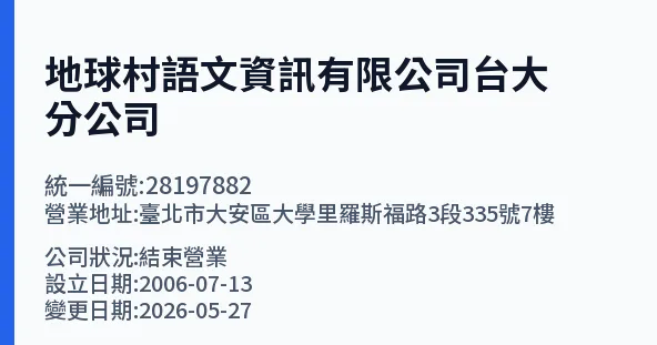地球村語文資訊有限公司台大分公司的照片-統編 28197882(臺北市) 公司登記資料與營業項目詳細圖表