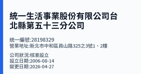 統一生活事業股份有限公司台北縣第五十三分公司的照片-統編 28198329(新北市) 公司登記資料與營業項目詳細圖表