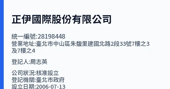 正伊國際股份有限公司的照片-統編 28198448(臺北市) 公司登記資料與營業項目詳細圖表