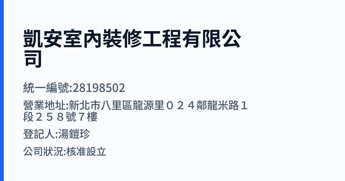 凱安室內裝修工程有限公司 - 統編 28198502(新北市) 公司登記資料與營業項目詳細圖表