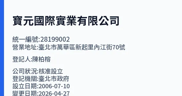 寶元國際實業有限公司的照片-統編 28199002(臺北市) 公司登記資料與營業項目詳細圖表