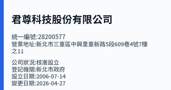 君尊科技股份有限公司的照片-統編 28200577(新北市) 公司登記資料與營業項目詳細圖表