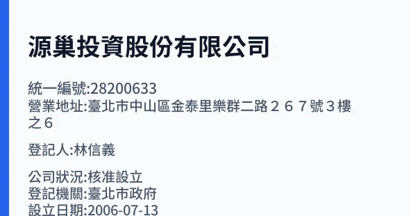 源巢投資股份有限公司的照片-統編 28200633(臺北市) 公司登記資料與營業項目詳細圖表