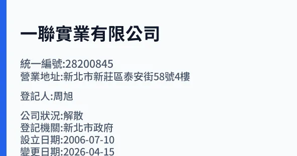 一聯實業有限公司的照片-統編 28200845(新北市) 公司登記資料與營業項目詳細圖表