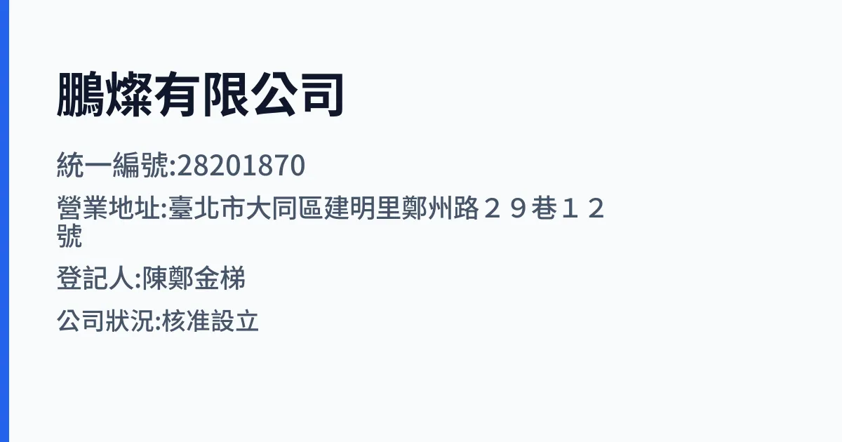 鵬燦有限公司 - 統編 28201870(臺北市) 公司登記資料與營業項目詳細圖表