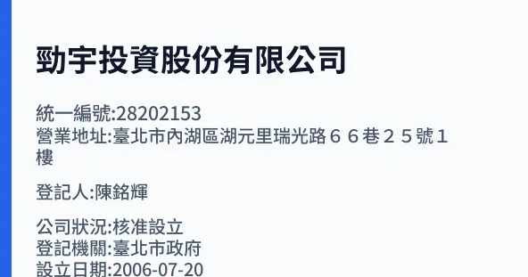 勁宇投資股份有限公司的照片-統編 28202153(臺北市) 公司登記資料與營業項目詳細圖表
