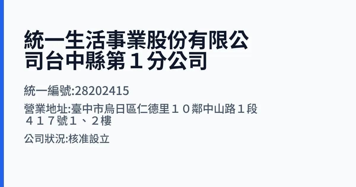統一生活事業股份有限公司台中縣第1分公司 - 統編 28202415(臺中市) 公司登記資料與營業項目詳細圖表