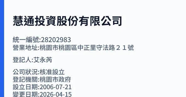 慧通投資股份有限公司的照片-統編 28202983(桃園市) 公司登記資料與營業項目詳細圖表