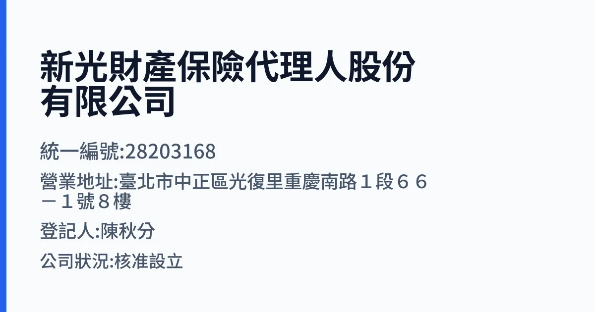 新光財產保險代理人股份有限公司 - 統編 28203168(臺北市) 公司登記資料與營業項目詳細圖表
