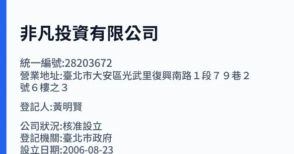 非凡投資有限公司的照片-統編 28203672(臺北市) 公司登記資料與營業項目詳細圖表