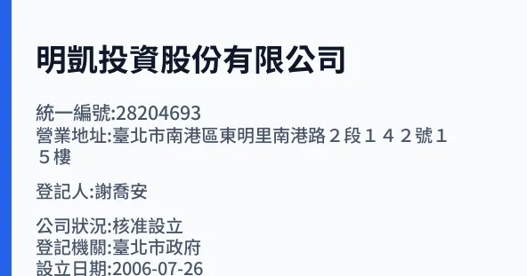 明凱投資股份有限公司的照片-統編 28204693(臺北市) 公司登記資料與營業項目詳細圖表