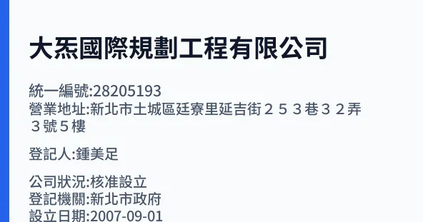 大炁國際規劃工程有限公司的照片-統編 28205193(新北市) 公司登記資料與營業項目詳細圖表