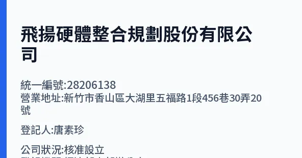 飛揚硬體整合規劃股份有限公司的照片-統編 28206138(新竹市) 公司登記資料與營業項目詳細圖表